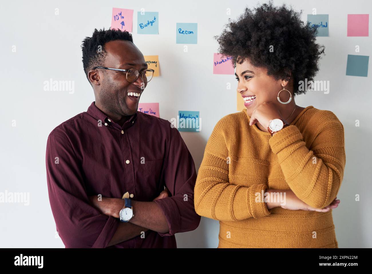 Employees, conversation and sticky notes for office planning, creative ...