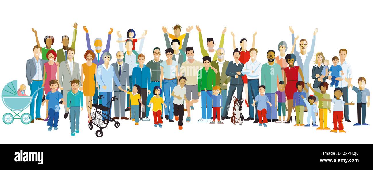 A large group of parents with children, isolated illustration Stock ...