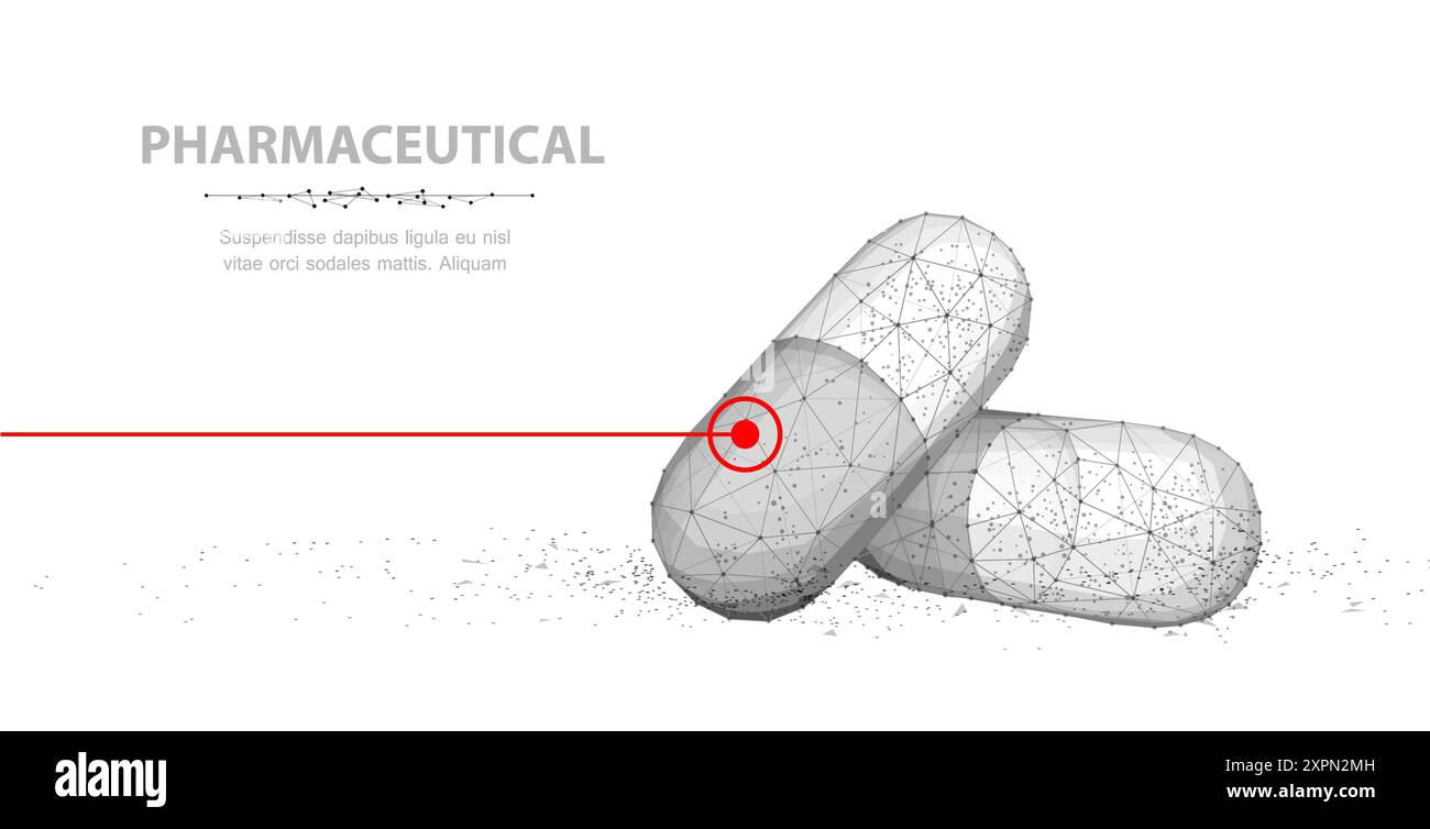 Pills. Abstract 3d closeup illustration two capsule pills with red line ...