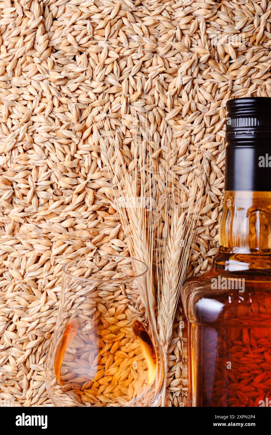 Creative background from glass of whiskey, bottle, barley ears and ...