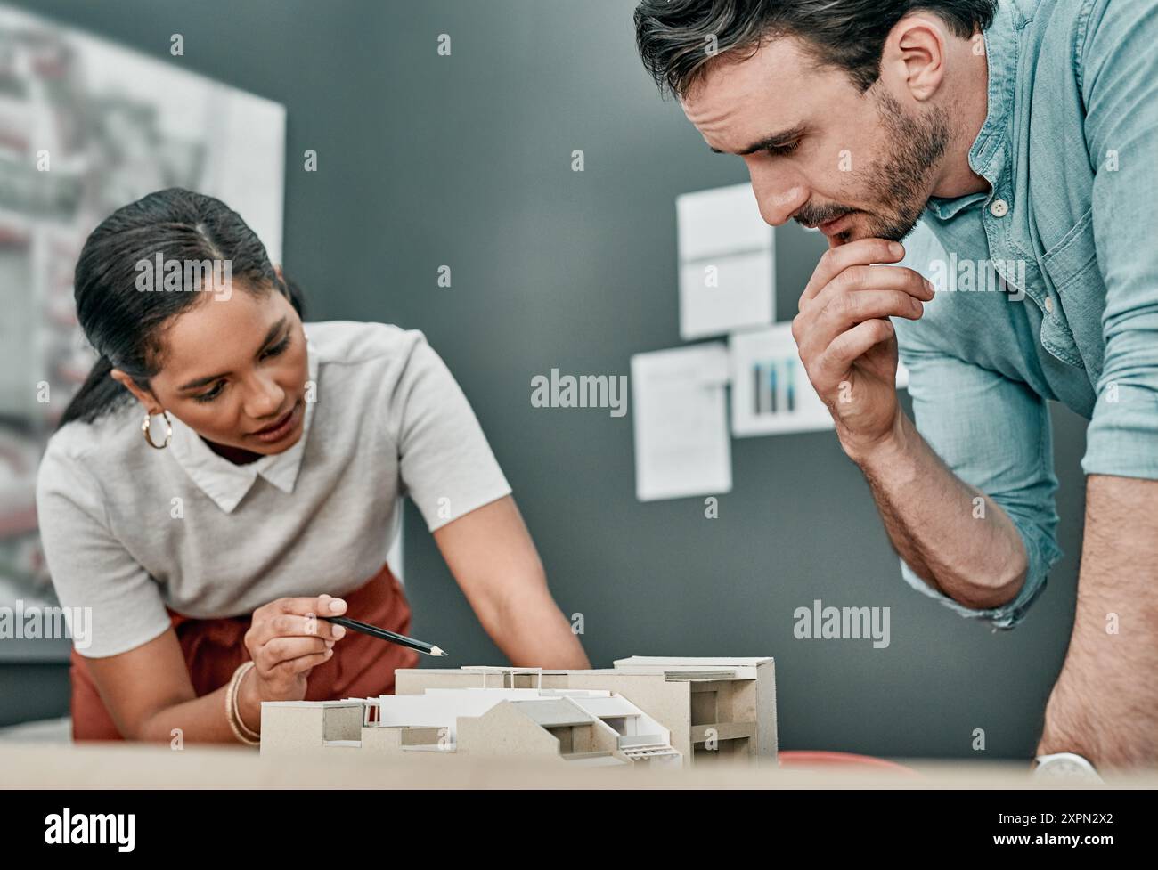 Architecture, building and people with 3d model in office for ...