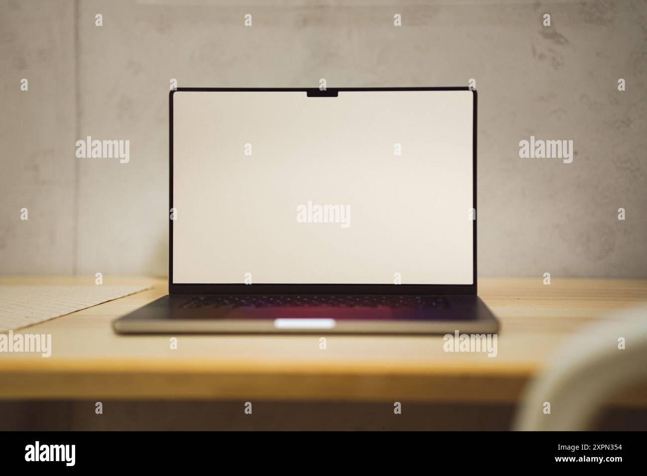 Open laptop white empty screen mockup. Home interior concrete wall ...
