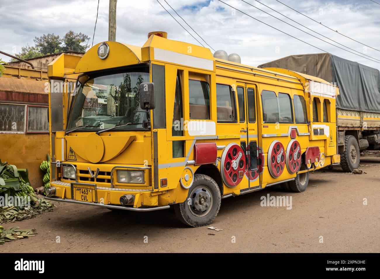 Second-hand Chinese school bus, imitating train, Mto Wa Mbu, The river ...
