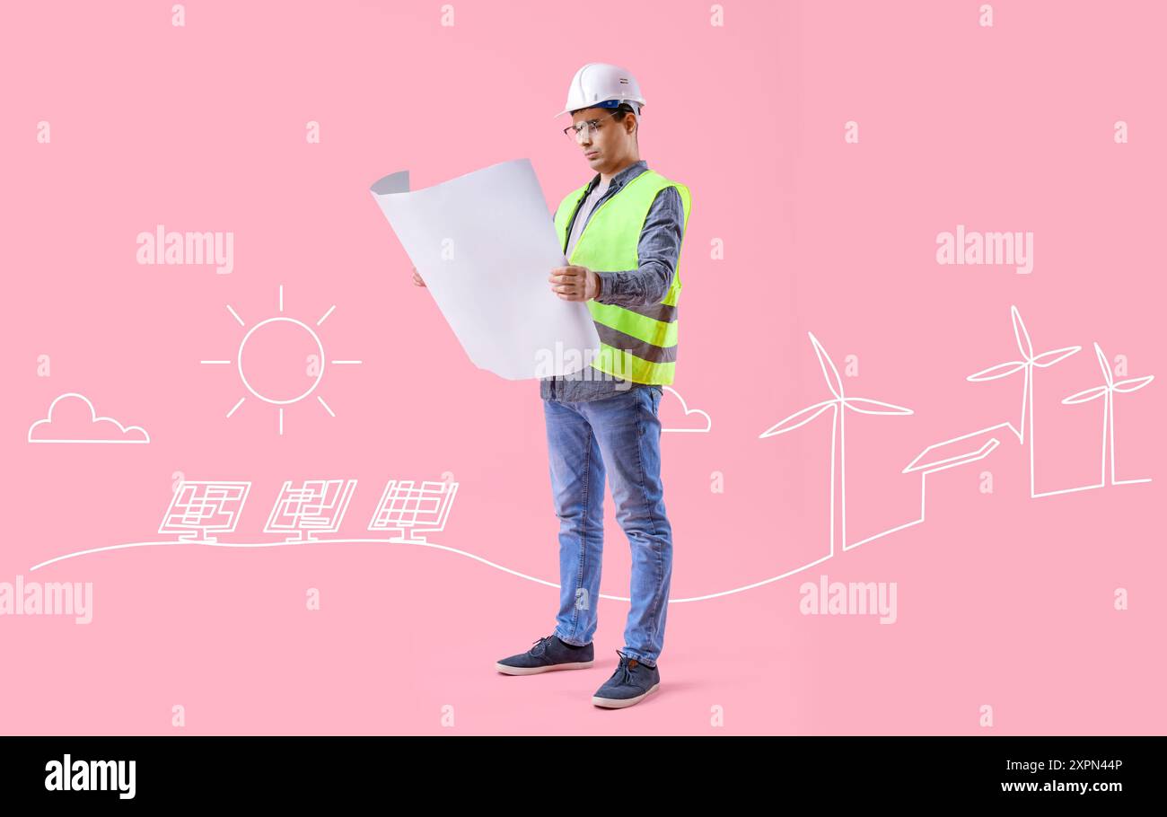 Engineer, drawn solar panels and windmills on pink background Stock ...