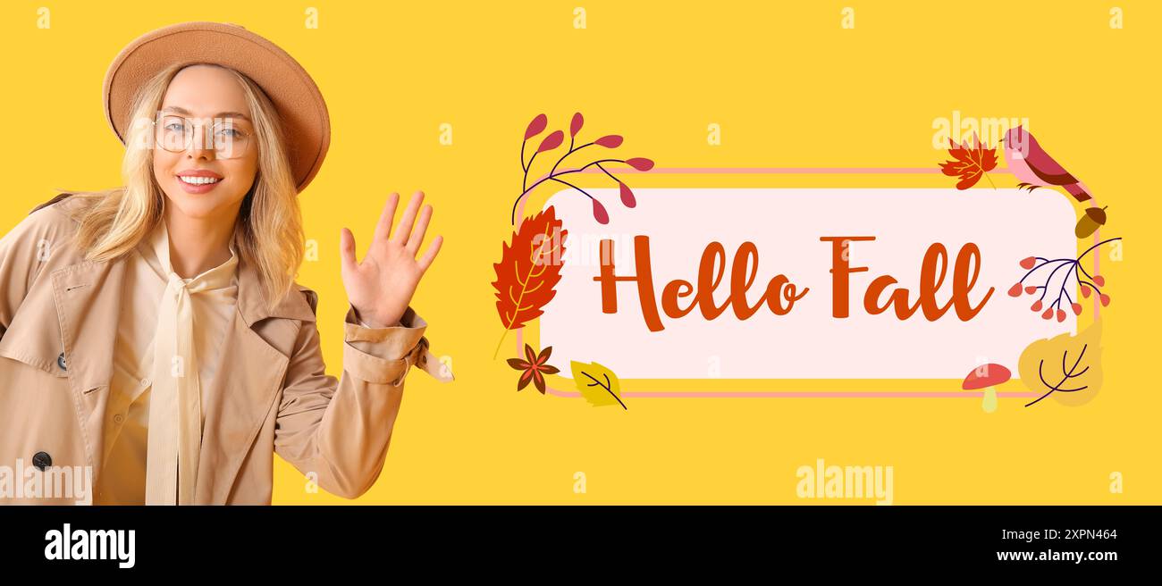 Banner with stylish woman. Hello fall Stock Photo - Alamy