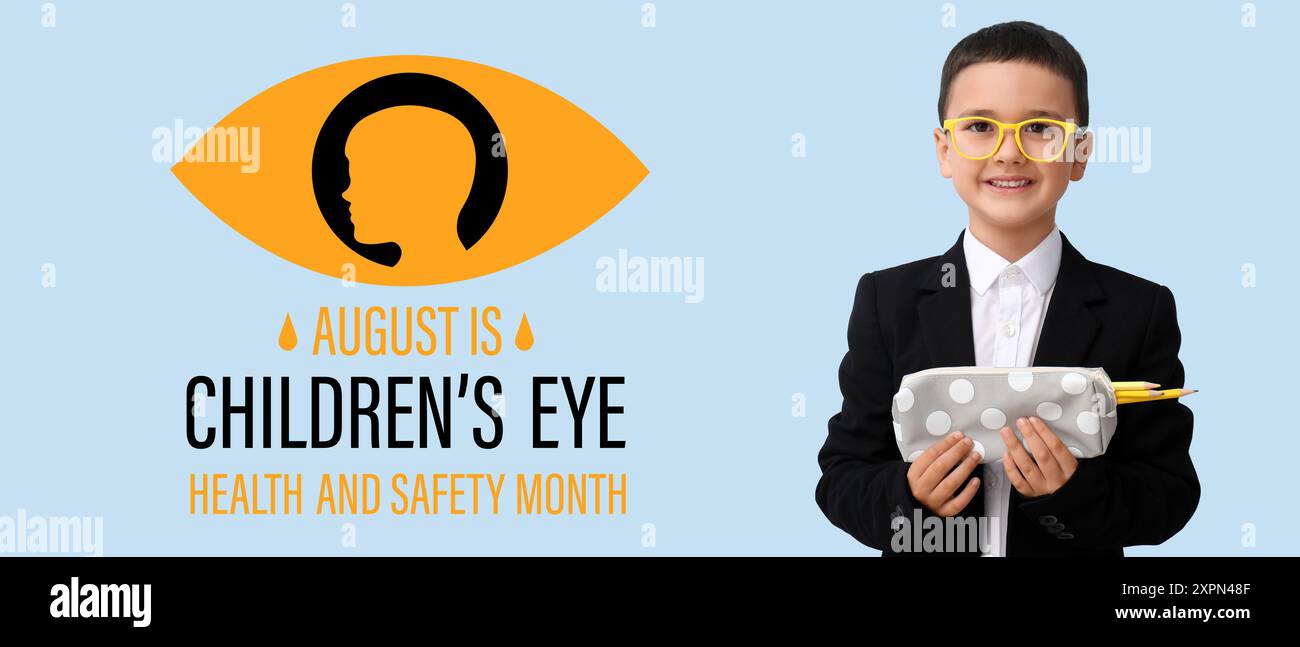 Banner for Childrens Eye Health and Safety Month with little school boy ...