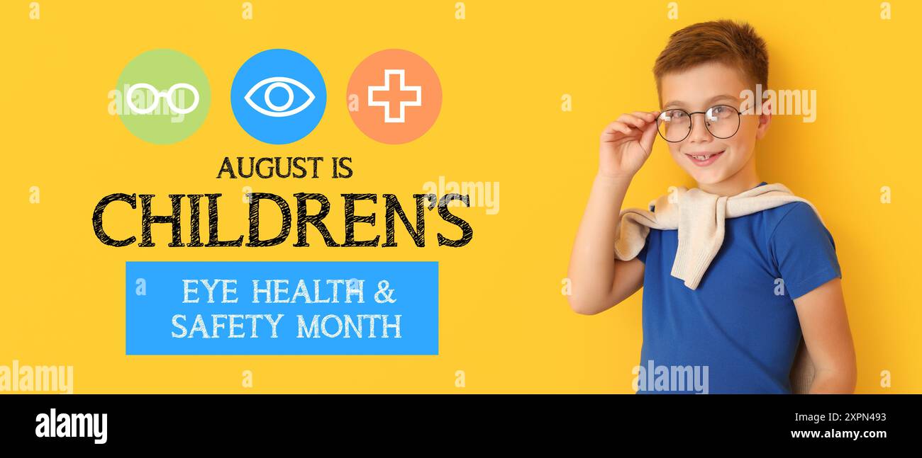 Banner for Childrens Eye Health and Safety Month with little boy in ...