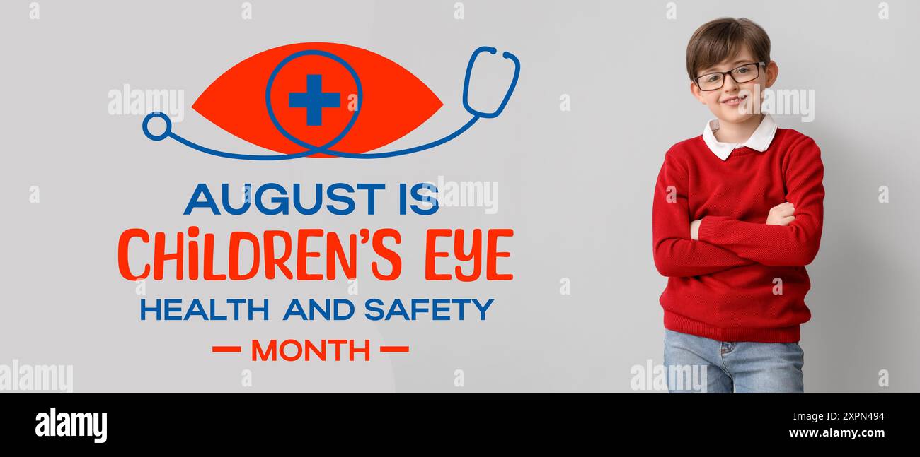 Banner for Childrens Eye Health and Safety Month with little boy in ...