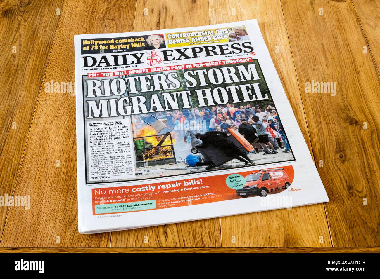 5 August 2024. Front page headline in Daily Express reads Rioters Storm ...