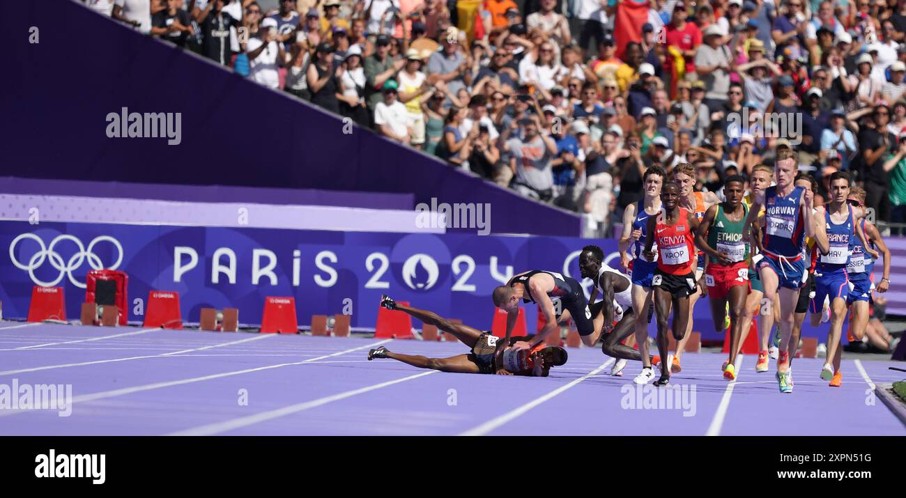 Paris, France. 7th Aug, 2024. Athletes compete during the men's 5000m ...