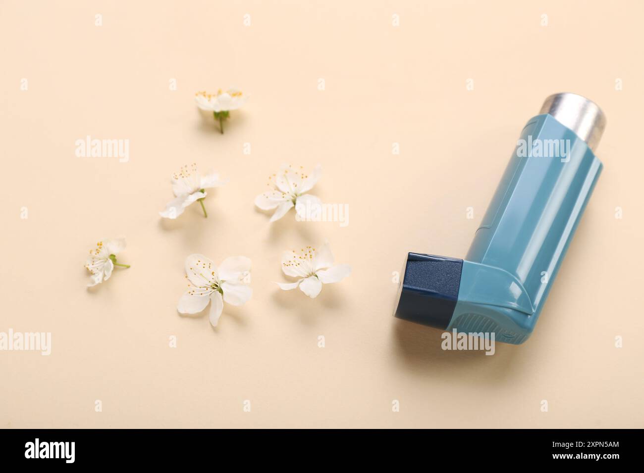Asthma inhaler with flowers on beige background Stock Photo - Alamy