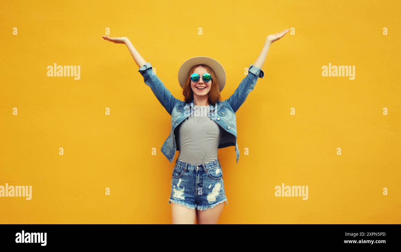 Summer holidays, inspired happy smiling young woman raising hands up on ...