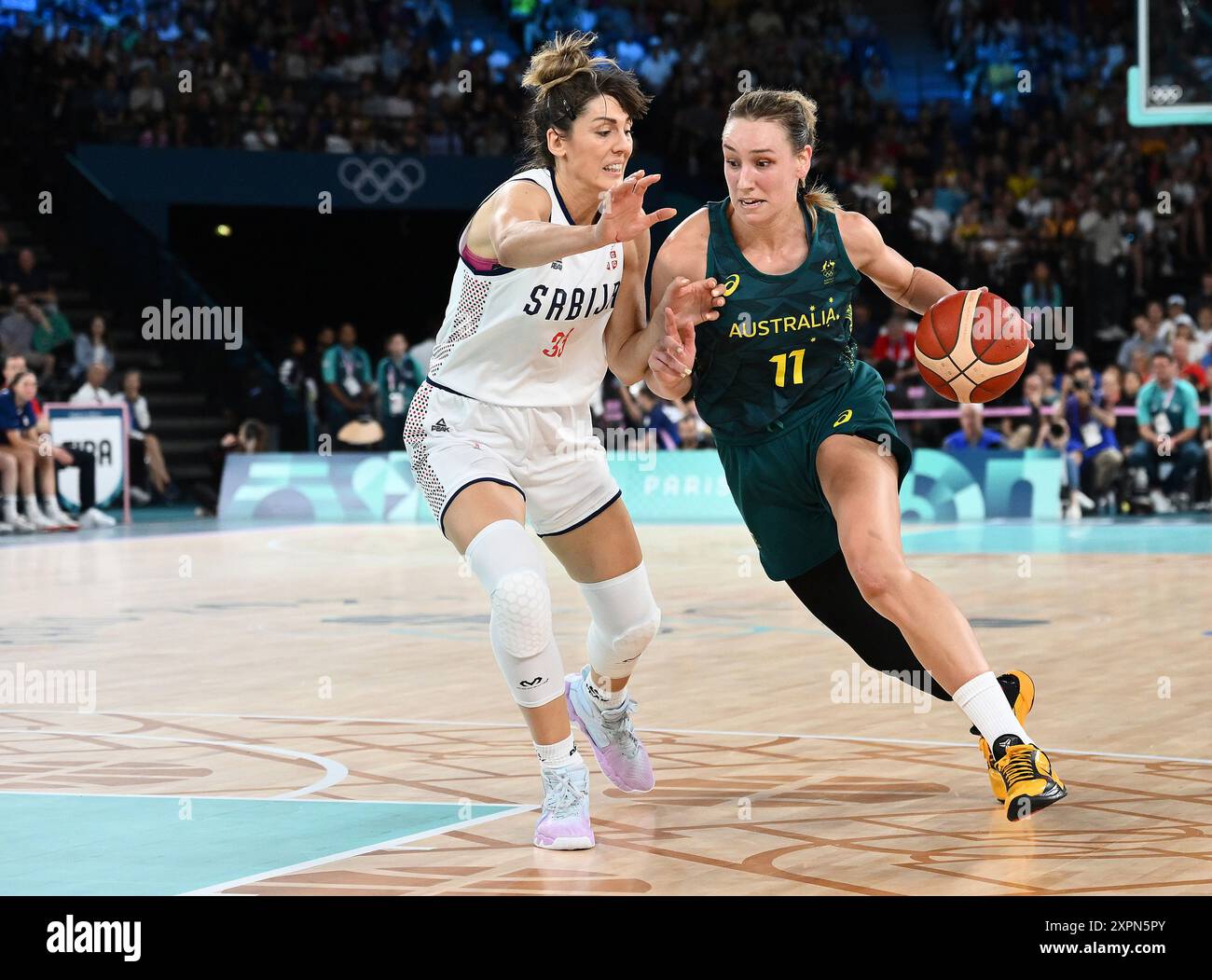 Alanna Smith of Australia (right) handles the ball during the Women’s ...