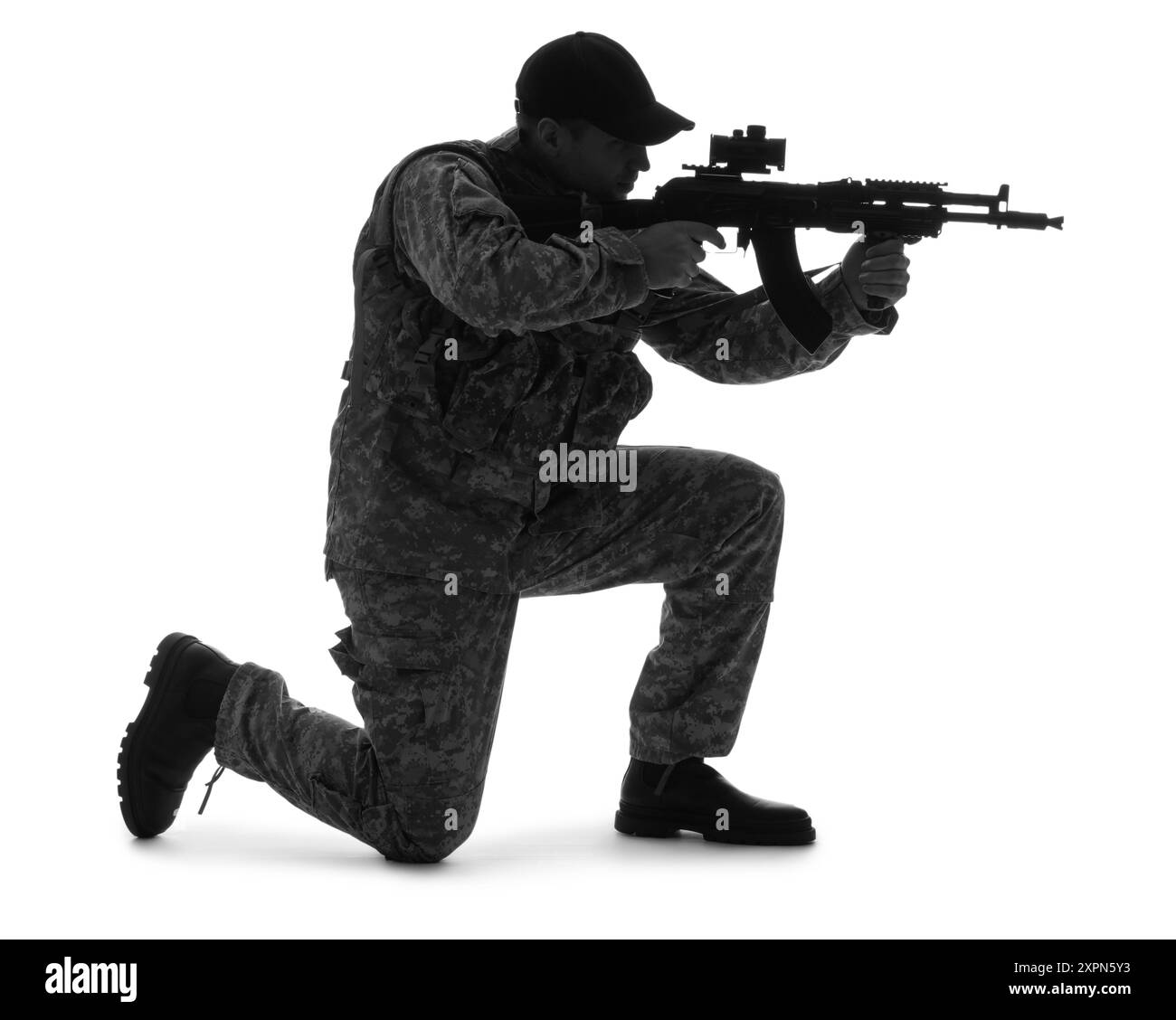 Silhouette of male soldier with rifle aiming on white background Stock ...