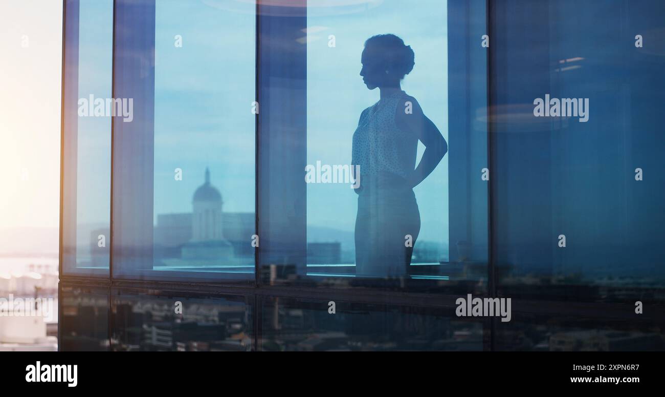 Thinking, window and woman in city for business, idea and reflection on ...