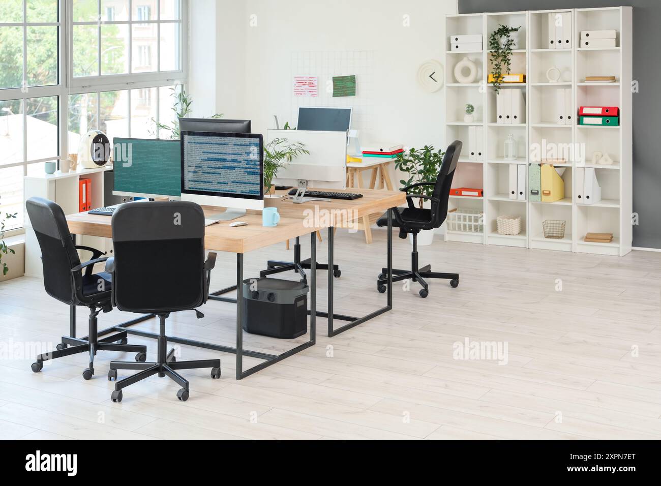 Interior of programmer's office with desks, shelf unit and plants Stock ...