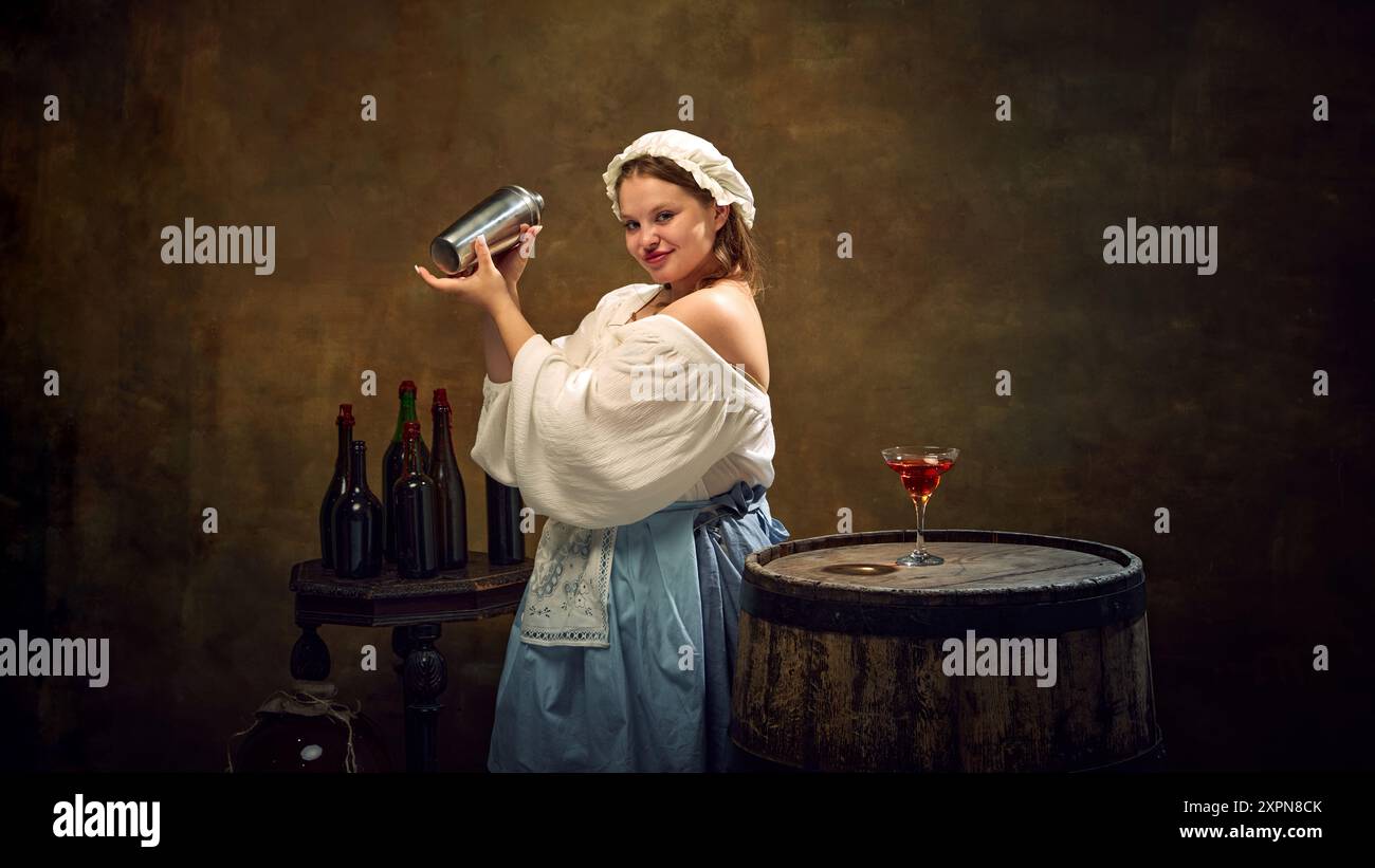 Medieval woman in traditional attire shaking cocktail mixer, surrounded ...