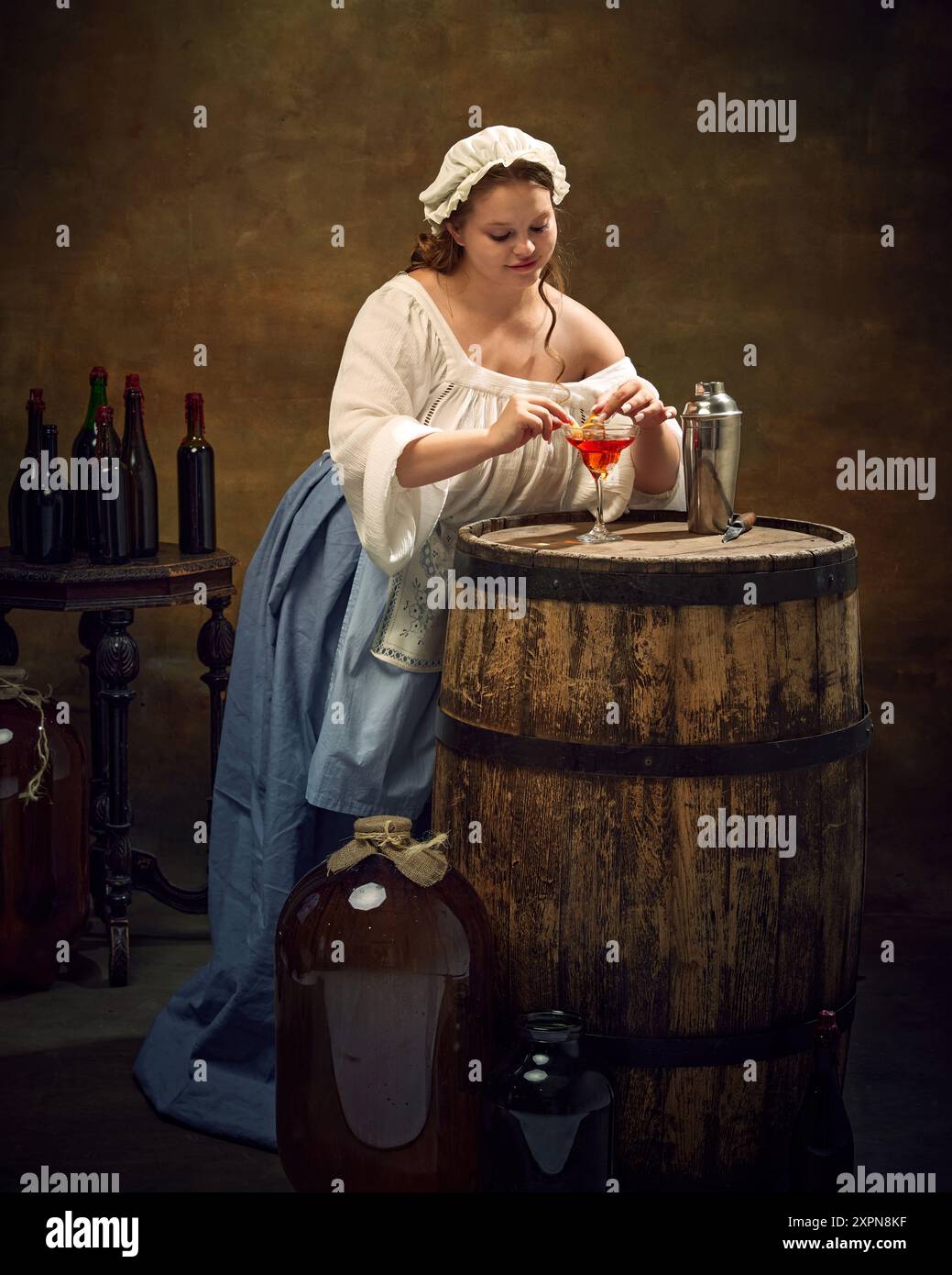 Medieval woman in traditional attire, preparing festive drink for ...