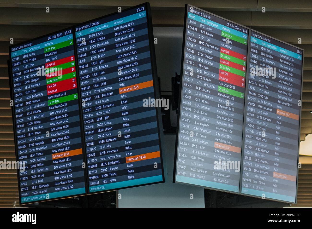 London, UK - July 26, 2024: Flight boarding information screens at ...