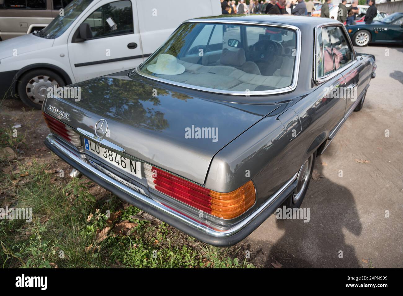 Rear view of the classic German luxury sports car Mercedes Benz SLC350 ...
