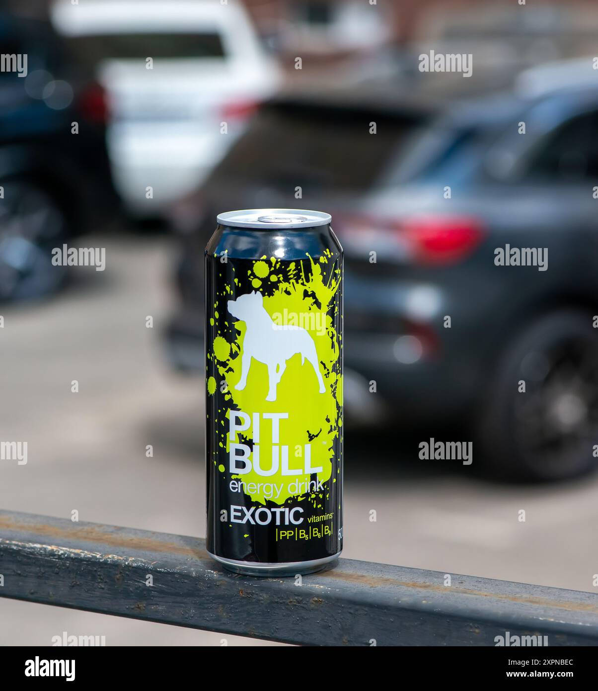 Kyiv, Ukraine - 07 August 2024: Can Pit Bull Exotic 0,5l energy drink ...