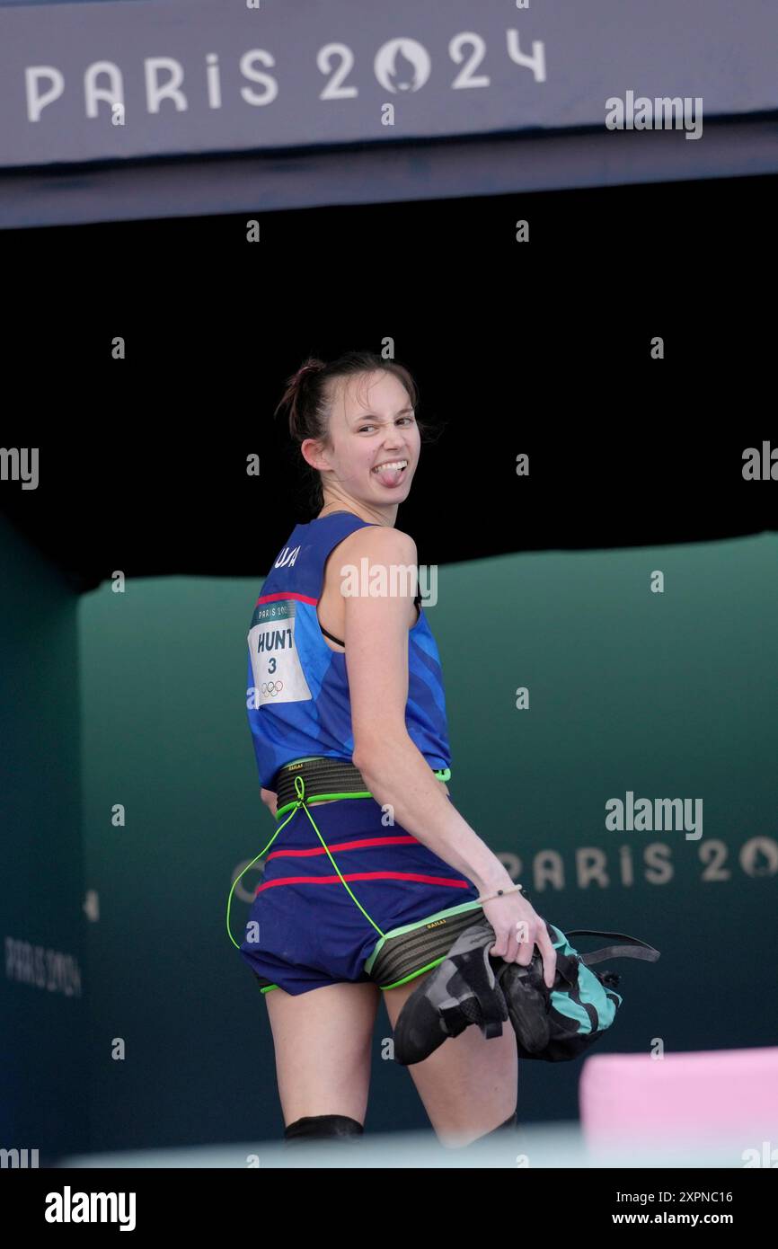 Emma Hunt of the United States reacts after competing in the women's ...