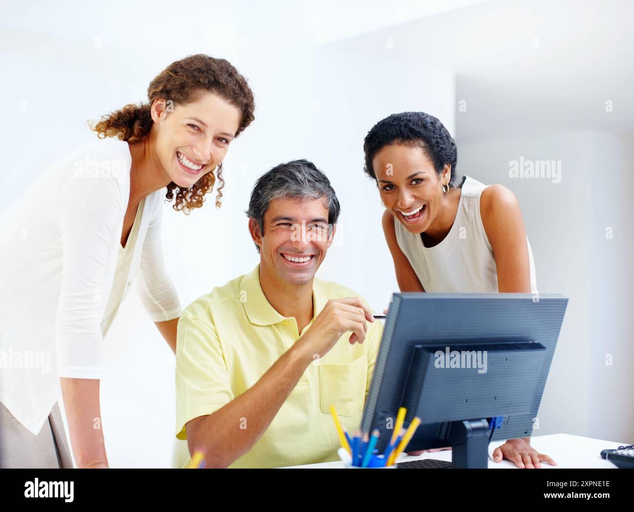 Business people, portrait and smile at computer with collaboration for ...