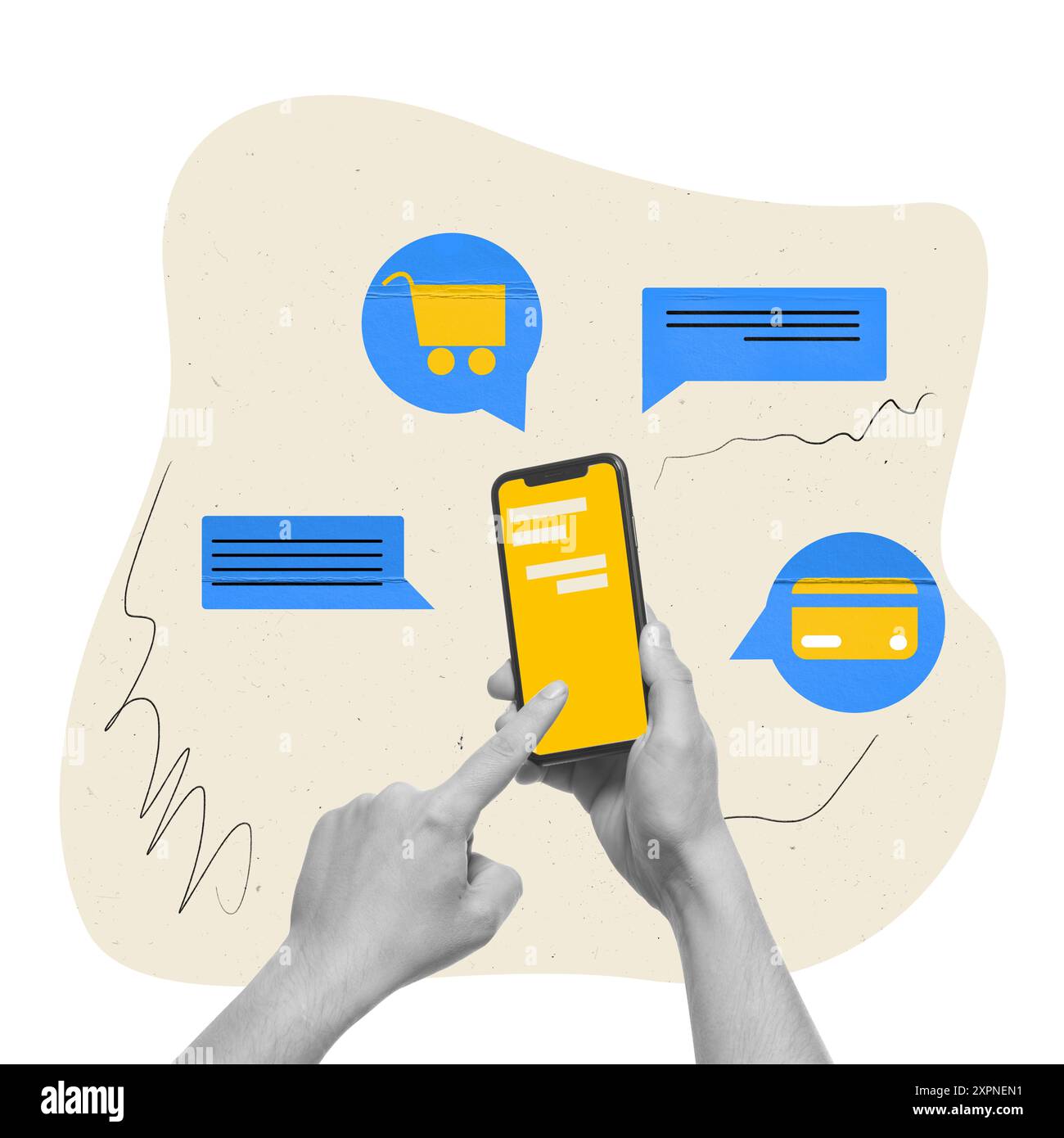 Human hand interacting mobile phone. Social media, online shopping, mobile commerce and customer ...