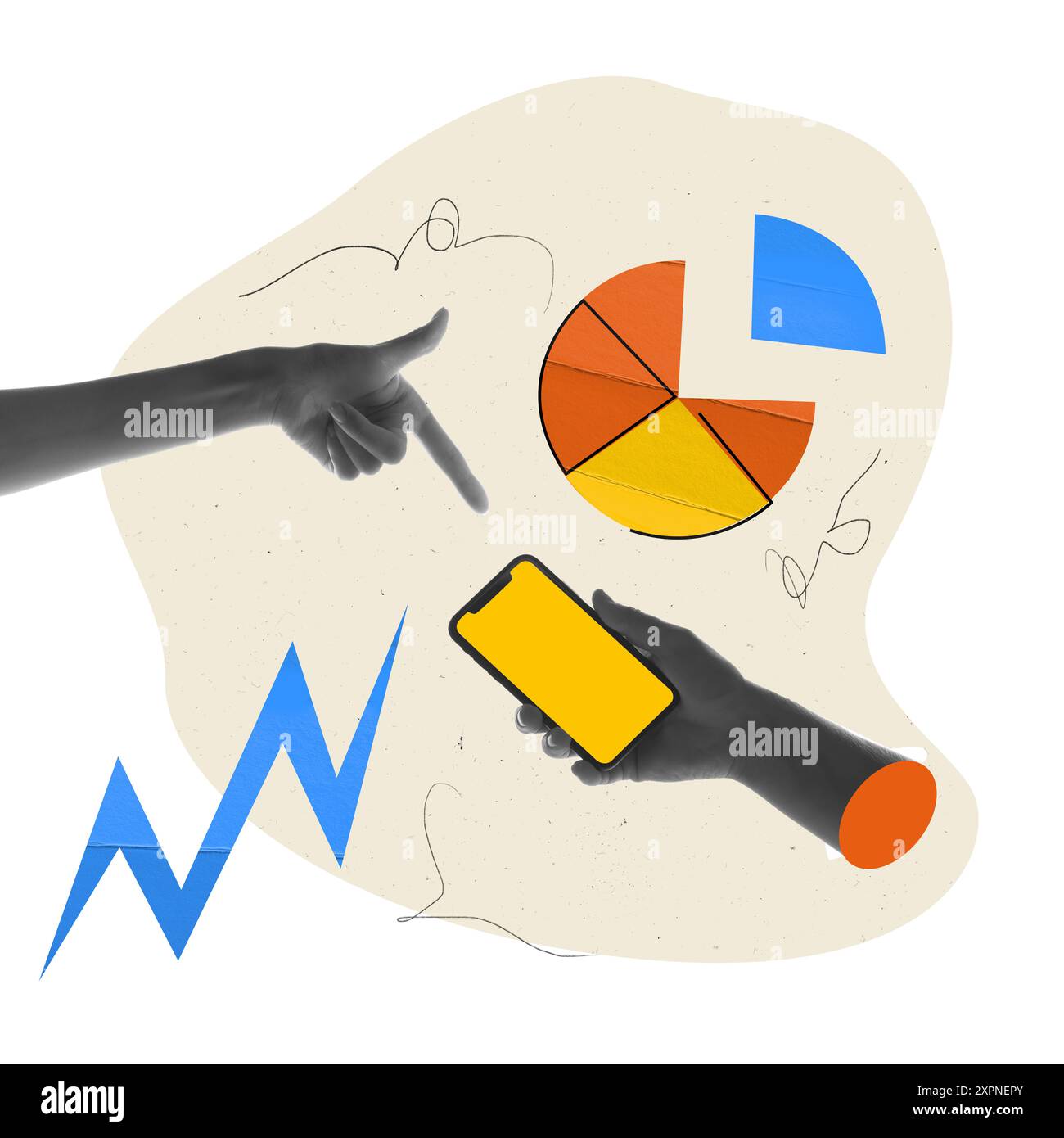 Human hands interacting with mobile phone and multicolored pie chart ...