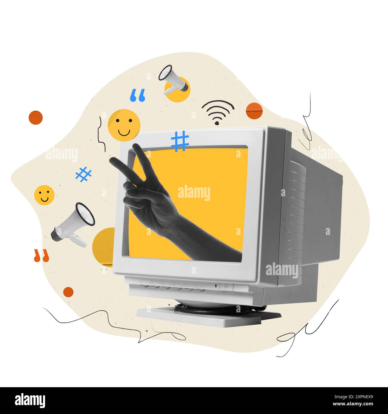 Human hands appearing from computer screen and showing peace symbol ...