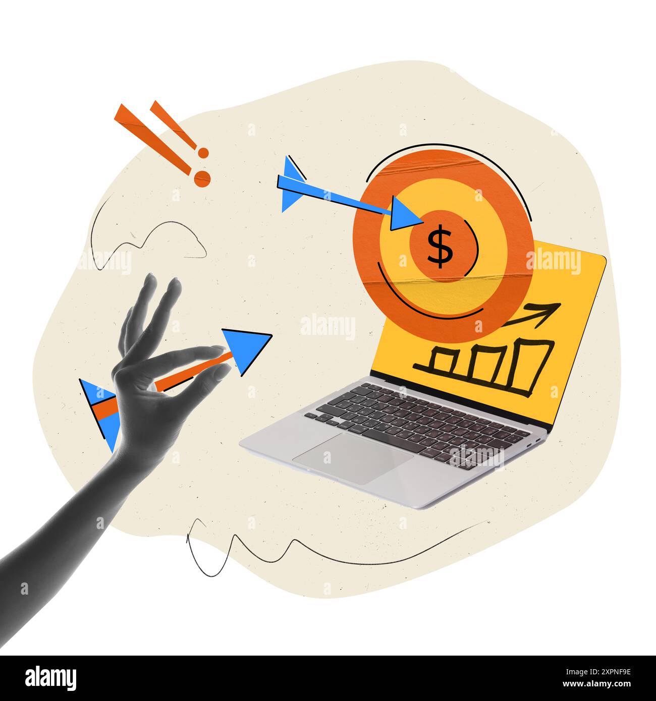 Hand throwing arrow into target in laptop with dollar sign and growing ...