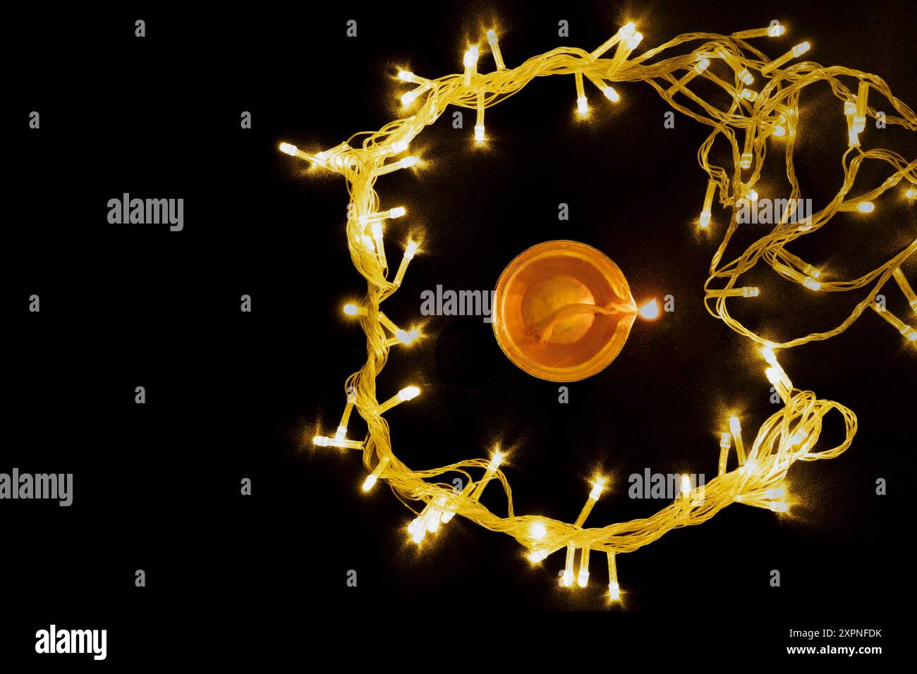 Diwali Lamps Diya with Christmas Lights in dark Night Tihar Dipawali ...