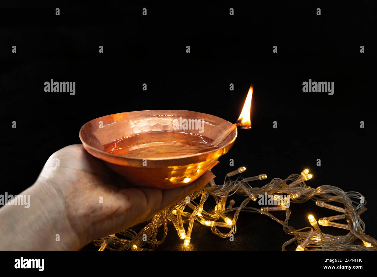 Diwali Lamps Diya with Christmas Lights in dark Night Tihar Dipawali ...