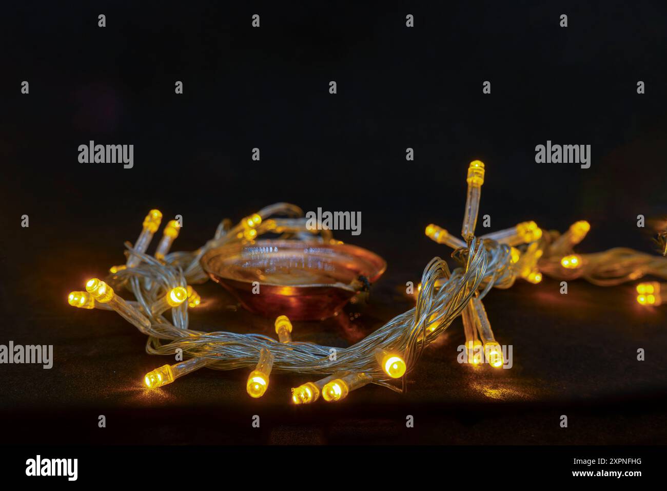 Diwali Lamps Diya with Christmas Lights in dark Night Tihar Dipawali ...