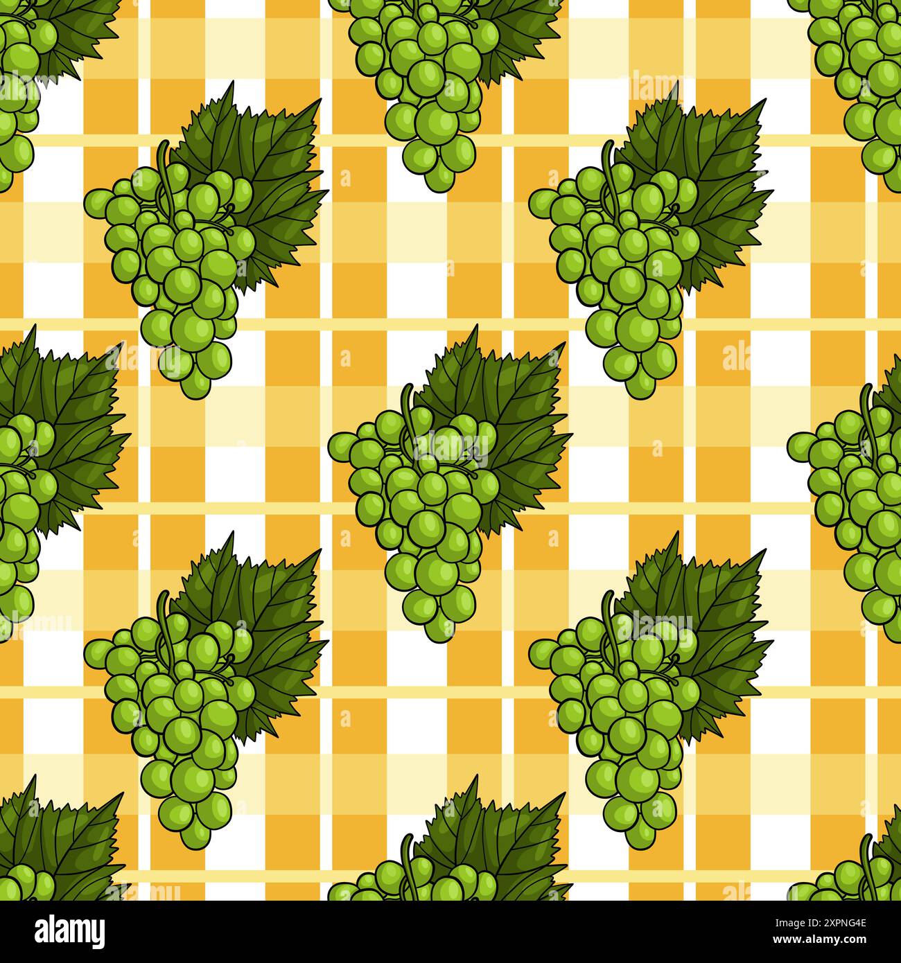 Seamless pattern with bunch green grapes with leaf on checkered background. Vector illustration ...