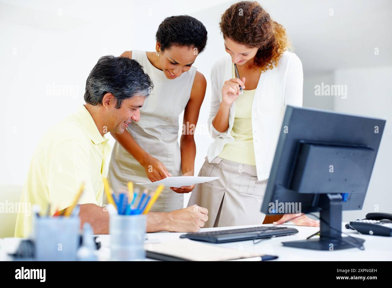 Business people, planning and paperwork at computer with collaboration for copy editing project ...