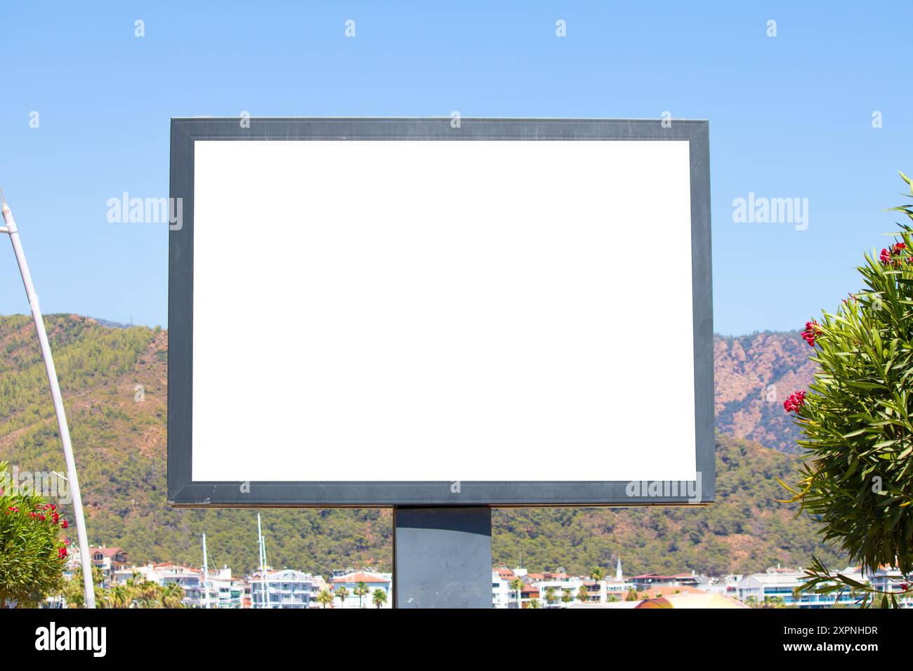 Big billboard blue sky background. White horizontal advertising poster ...