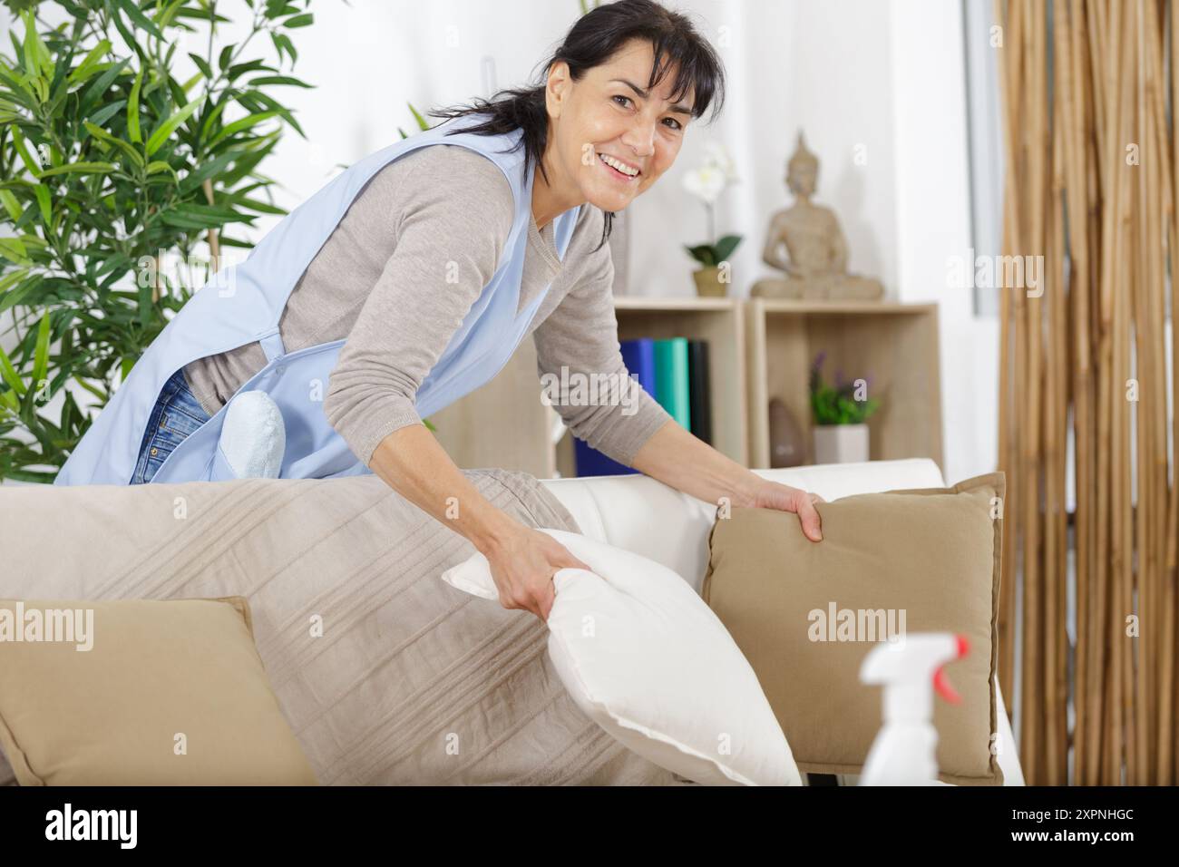portrait of a busy woman cleaning sofa Stock Photo - Alamy