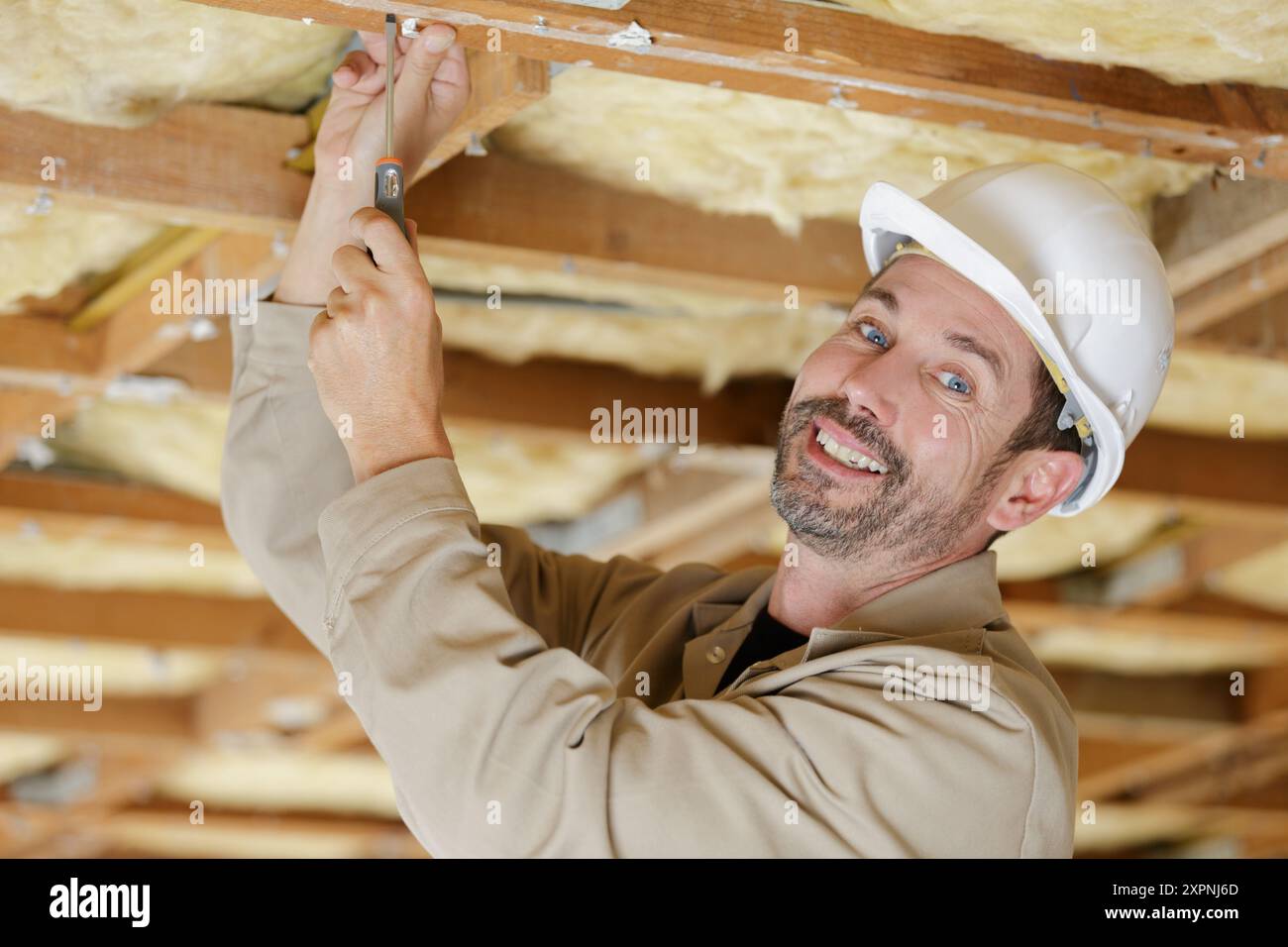 portrait of a male builder fixing ceiling Stock Photo - Alamy