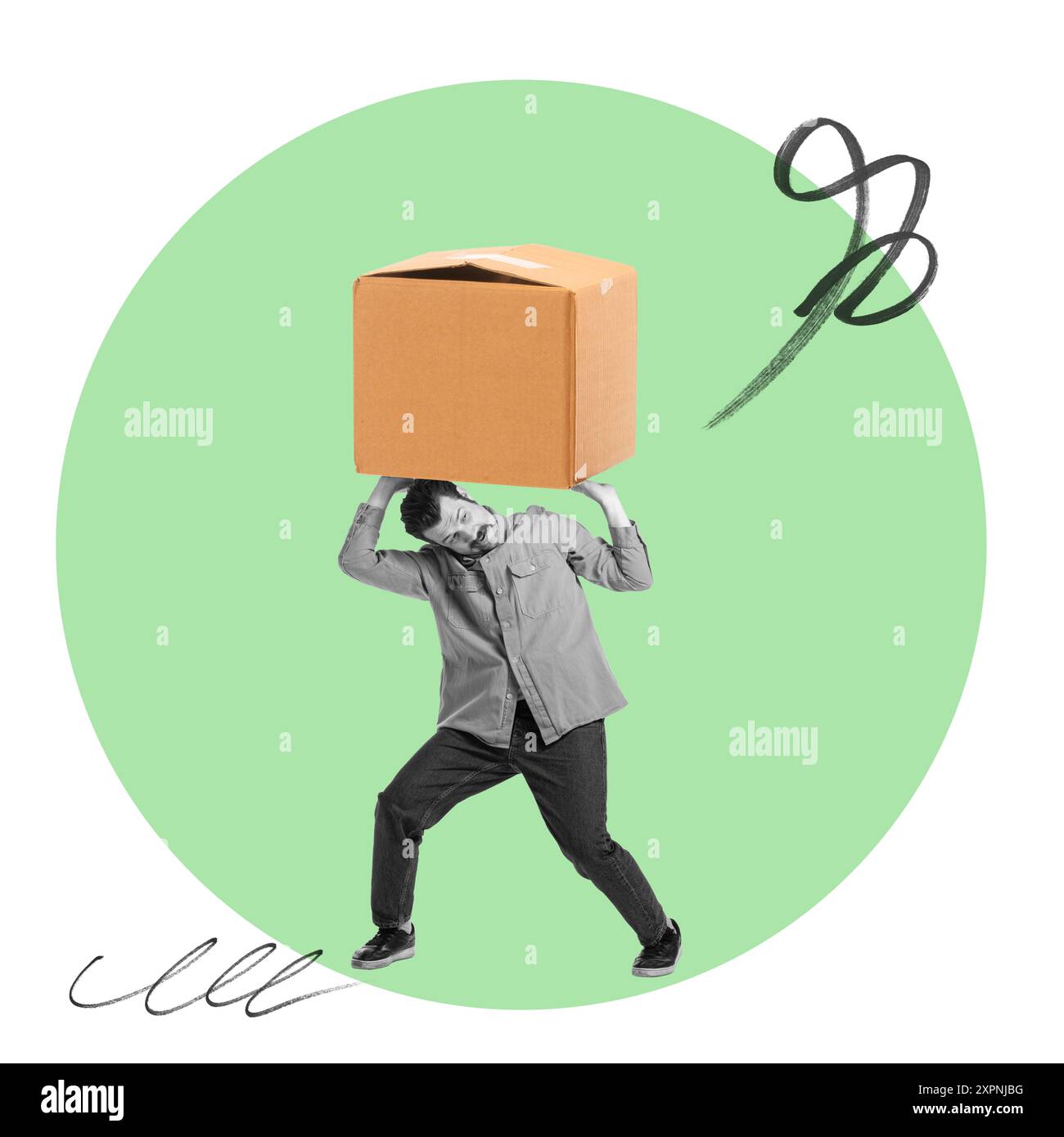 Man carrying giant carton box. Logistics management, distribution and ...