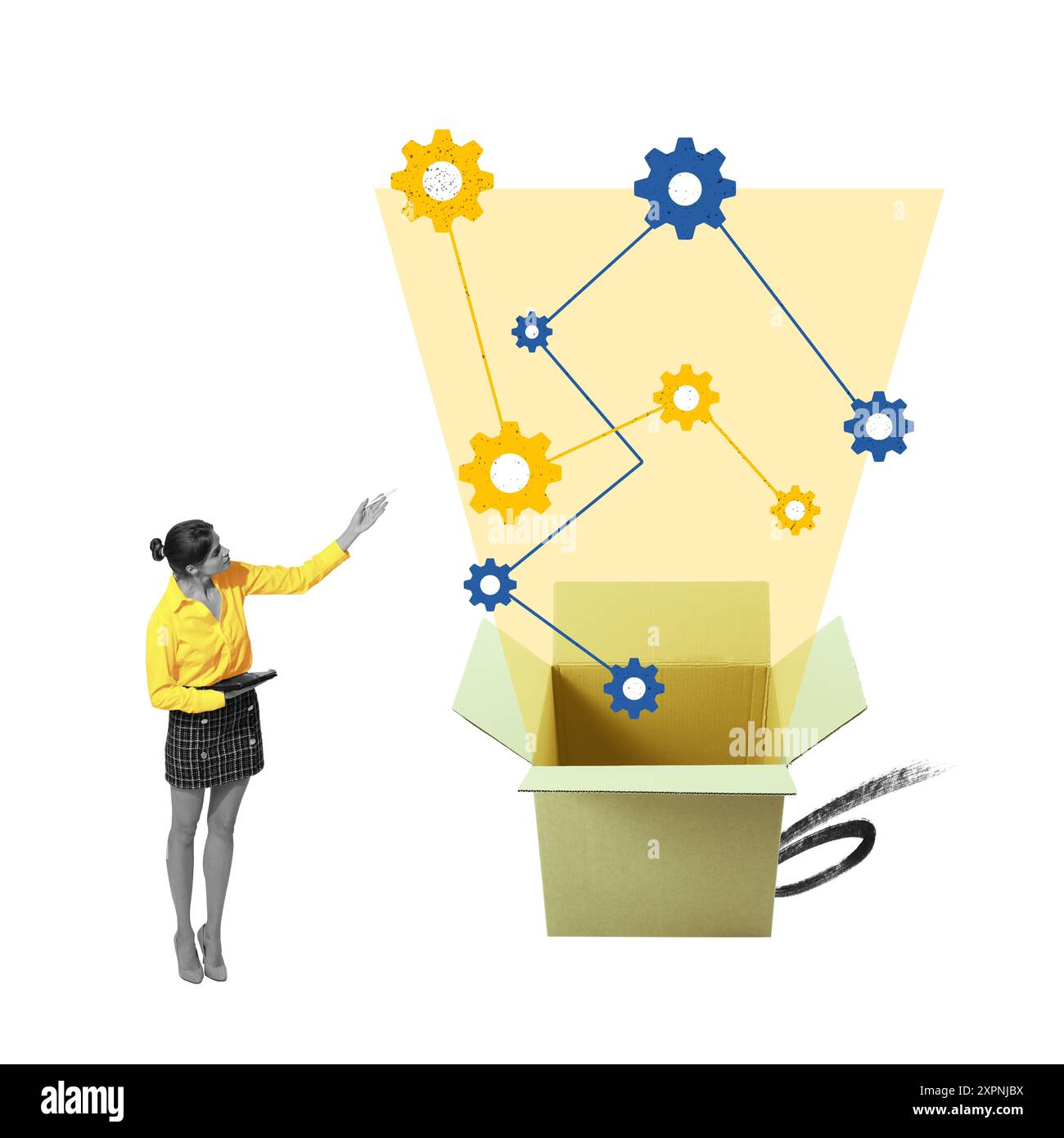 Woman interacting with documents and giant carton boxes. Procurement ...