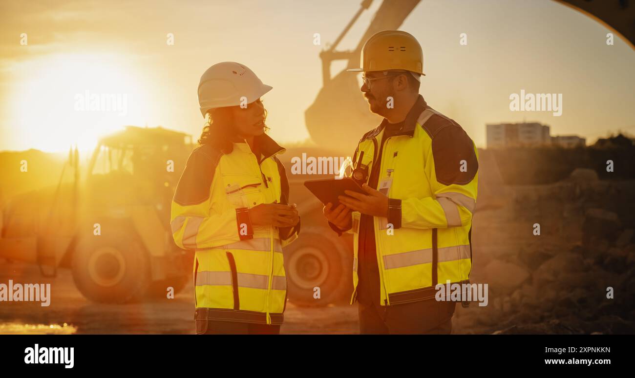 Cinematic Golden Hour Shot Of Construction Site: Caucasian Male Civil ...