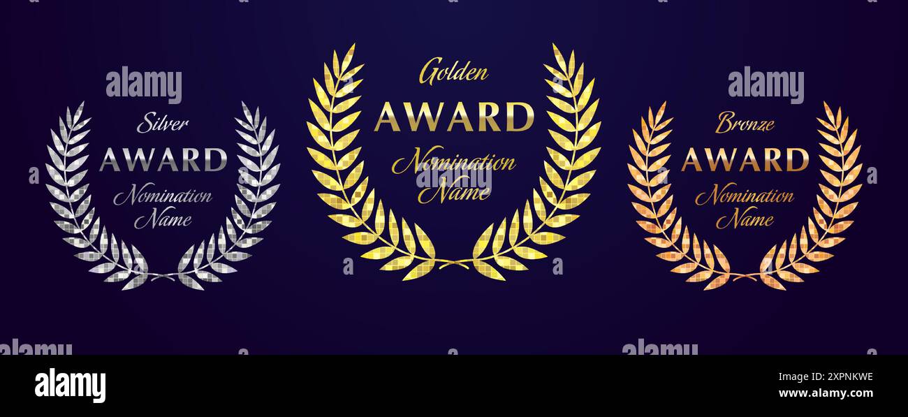 Set of metallic colored awards with pixel texture. Golden, silver and ...