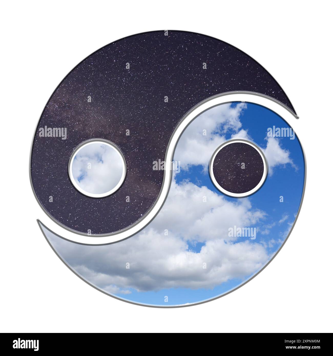 Yin and yang symbol with sky at night and day inside on white ...