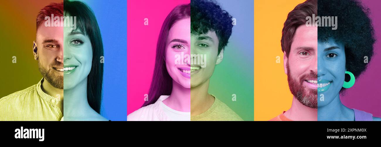 Men and women, closeup. Collage with halves of color toned portraits ...