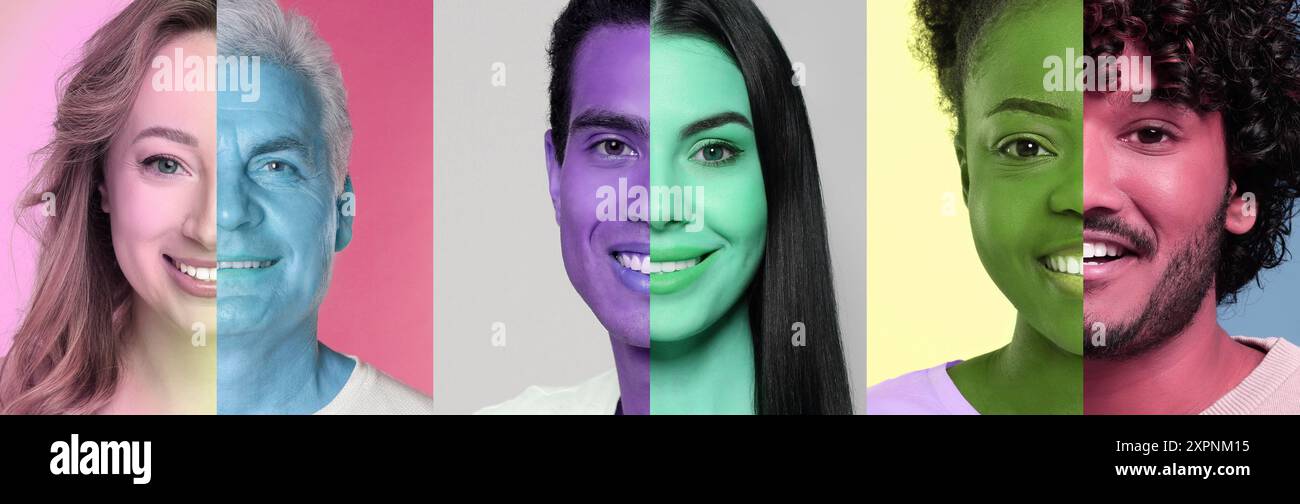 Men and women, closeup. Collage with halves of color toned portraits ...