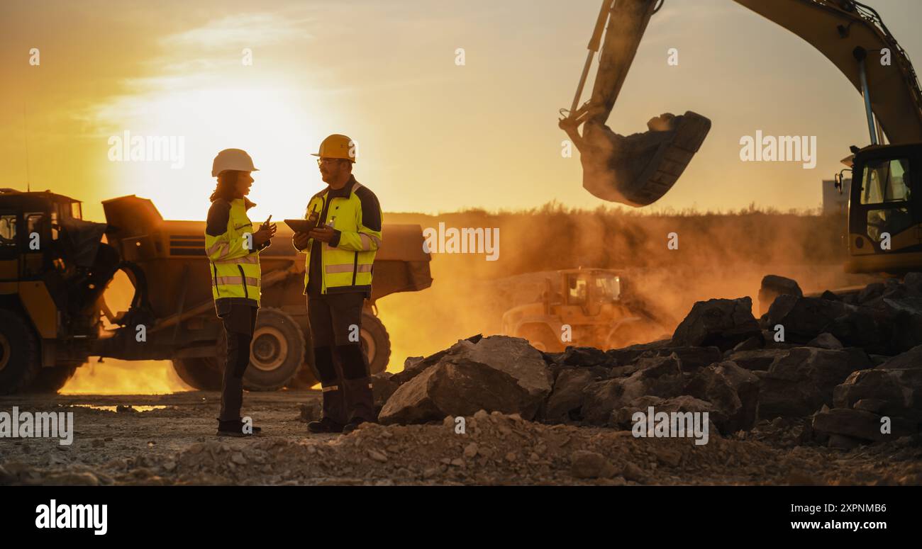 Cinematic Golden Hour Shot Of Construction Site: Caucasian Male Civil ...