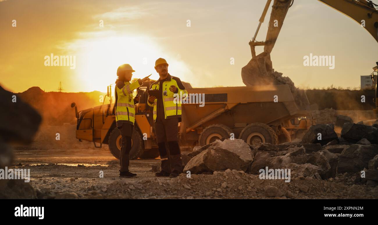 Cinematic Golden Hour Shot Of Construction Site: Caucasian Male Civil ...