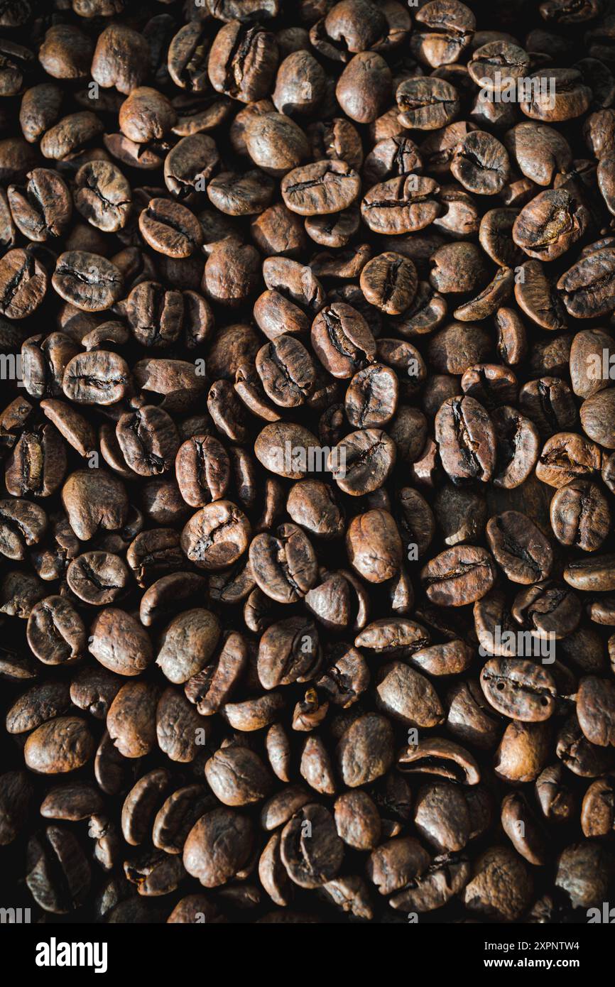 A top view of scattered roasted coffee beans spread out, highlighting ...