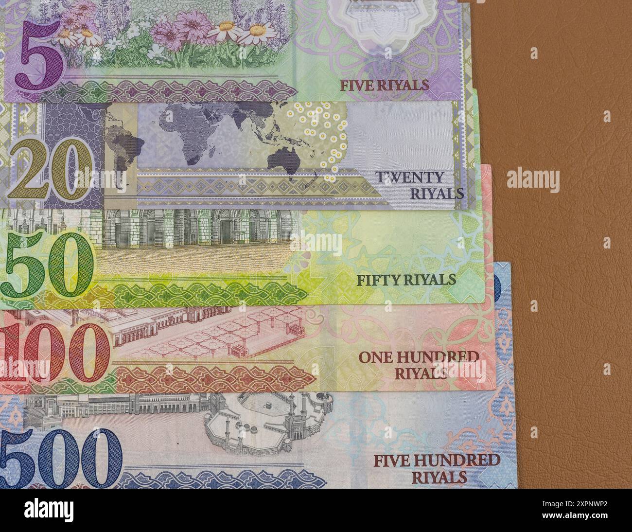 Detailed View of Saudi Arabian Banknotes on a Brown Background Stock ...